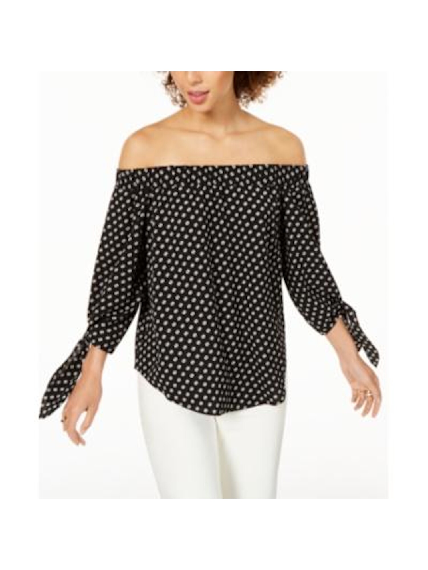 Michael Kors 88 Womens New Black Printed Tie Off Shoulder Long Sleeve