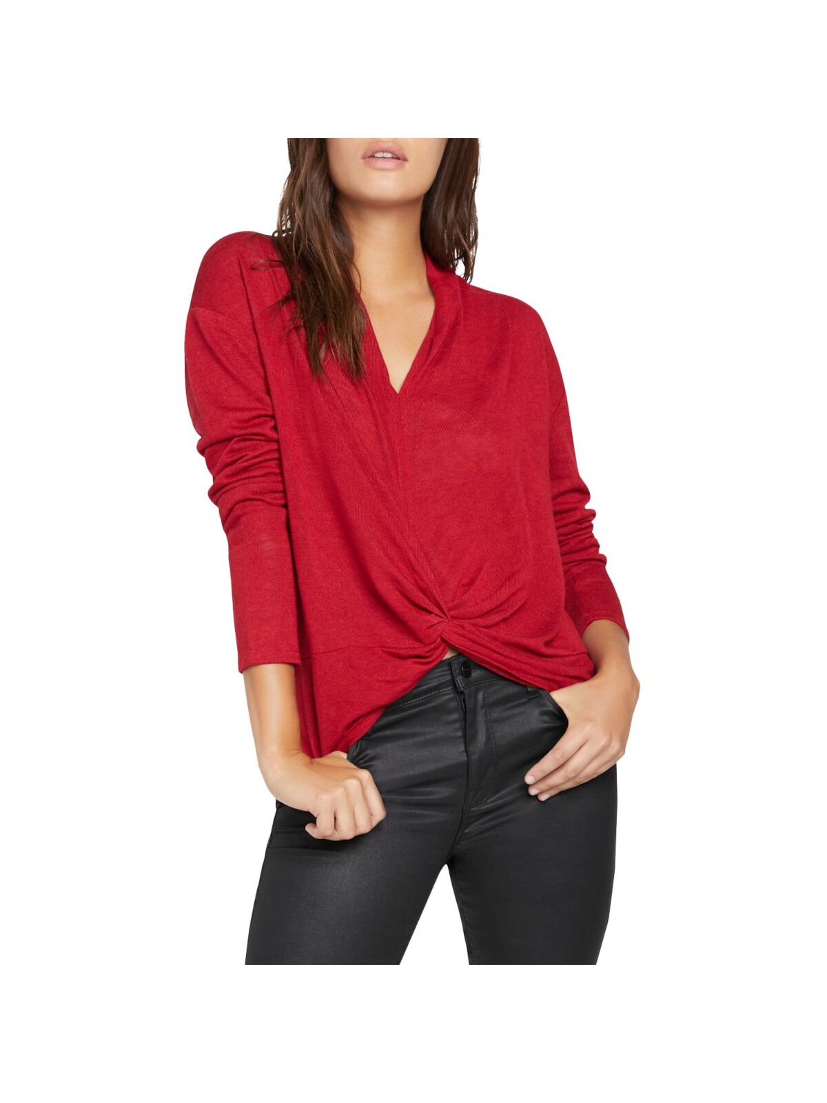 SANCTUARY Womens Red Knit Ribbed Knot-front Long Sleeve V Neck Faux ...