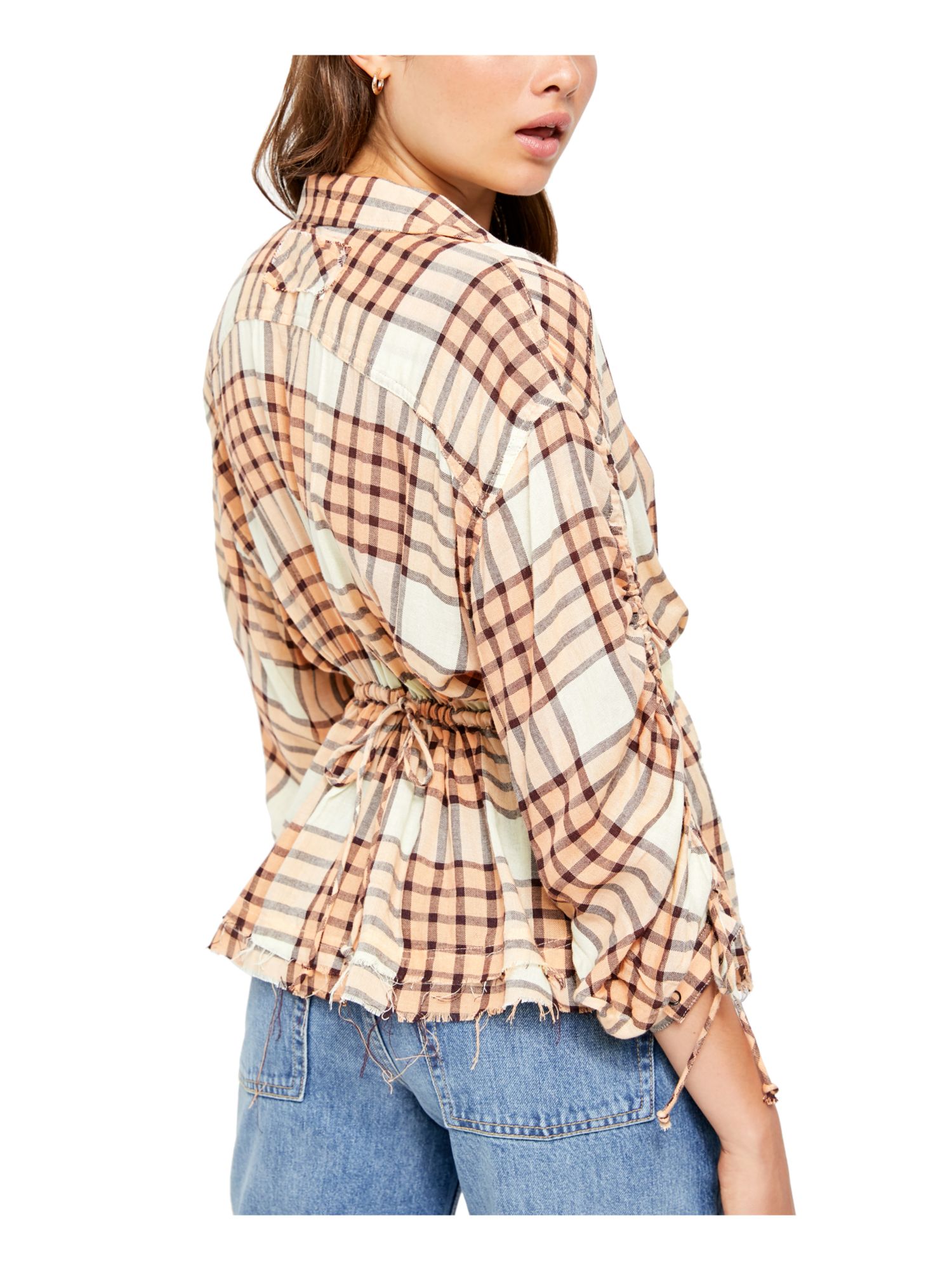 Free People Womens Orange Plaid 3 4 Sleeve Collared Button Up Top Size