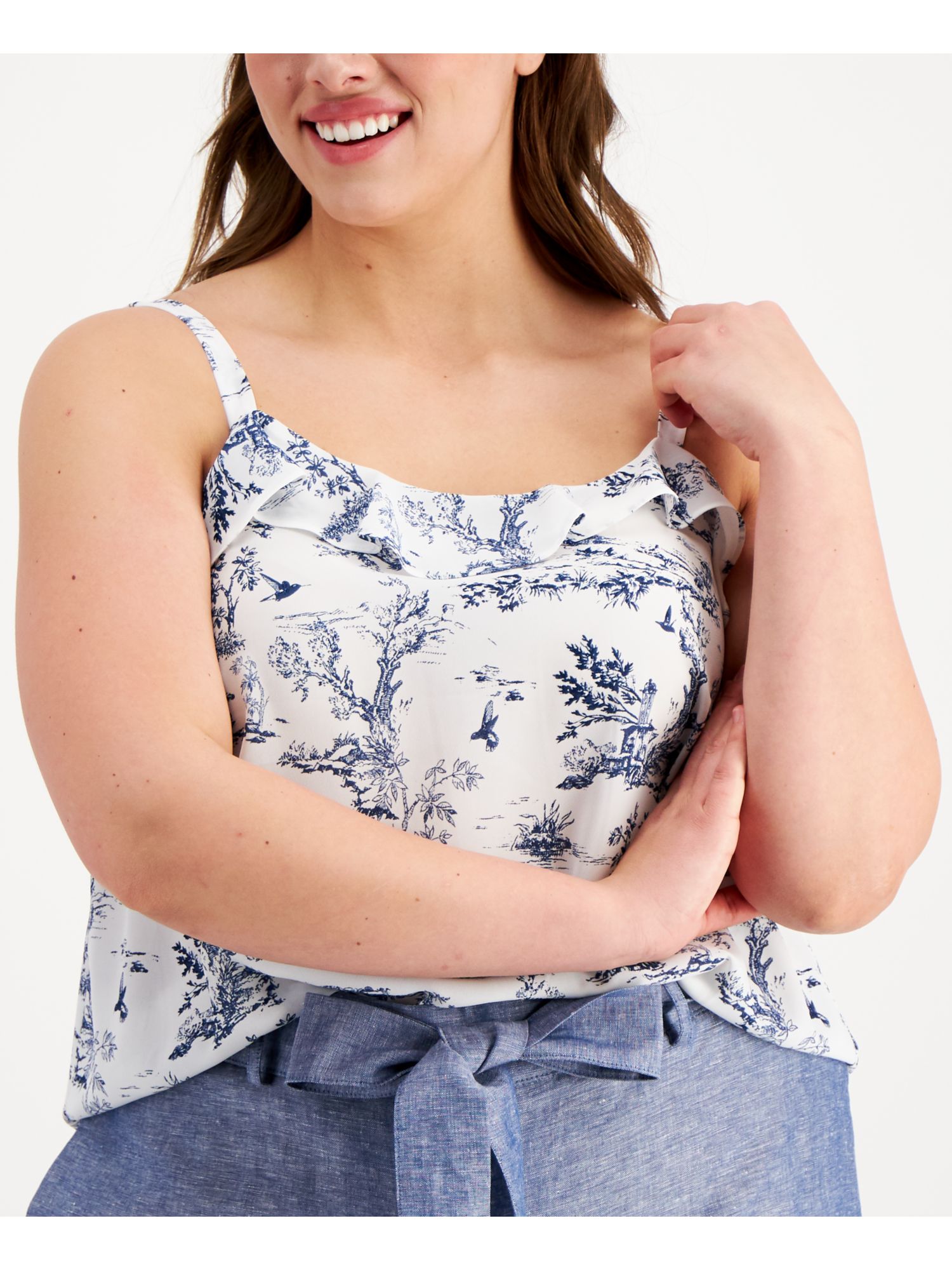 BAR III Womens Spaghetti Strap Ruffled Neckline Scoop Neck Top | eBay